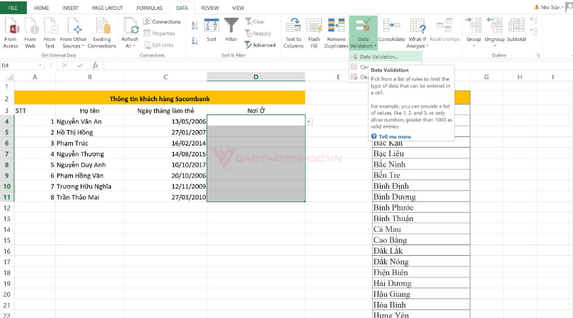 Cách sử dụng data validation trong excel để tạo danh sách.