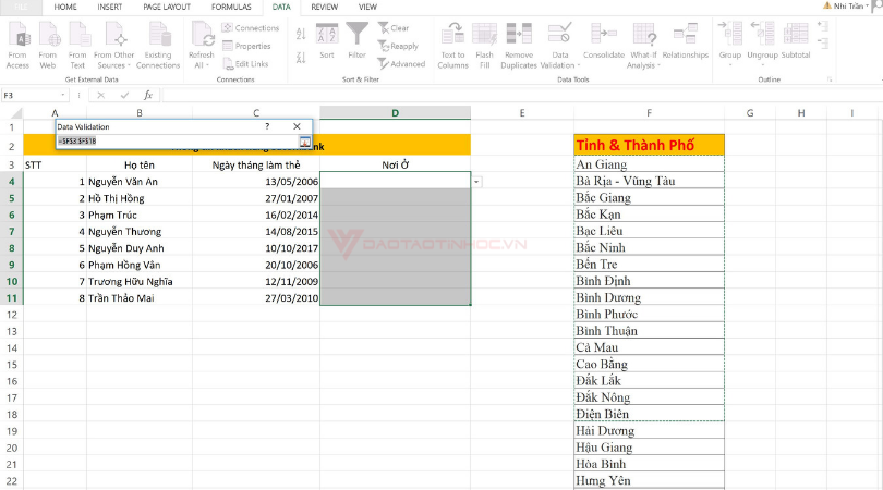Cách sử dụng data validation trong excel để tạo danh sách.