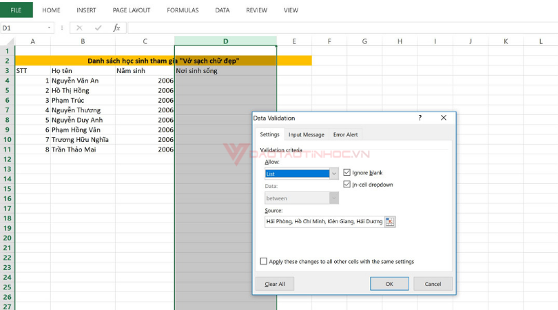 Cách sử dụng data validation trong excel để tạo danh sách.