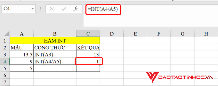Hướng dẫn cách dùng hàm INT và MOD kèm ví dụ minh họa