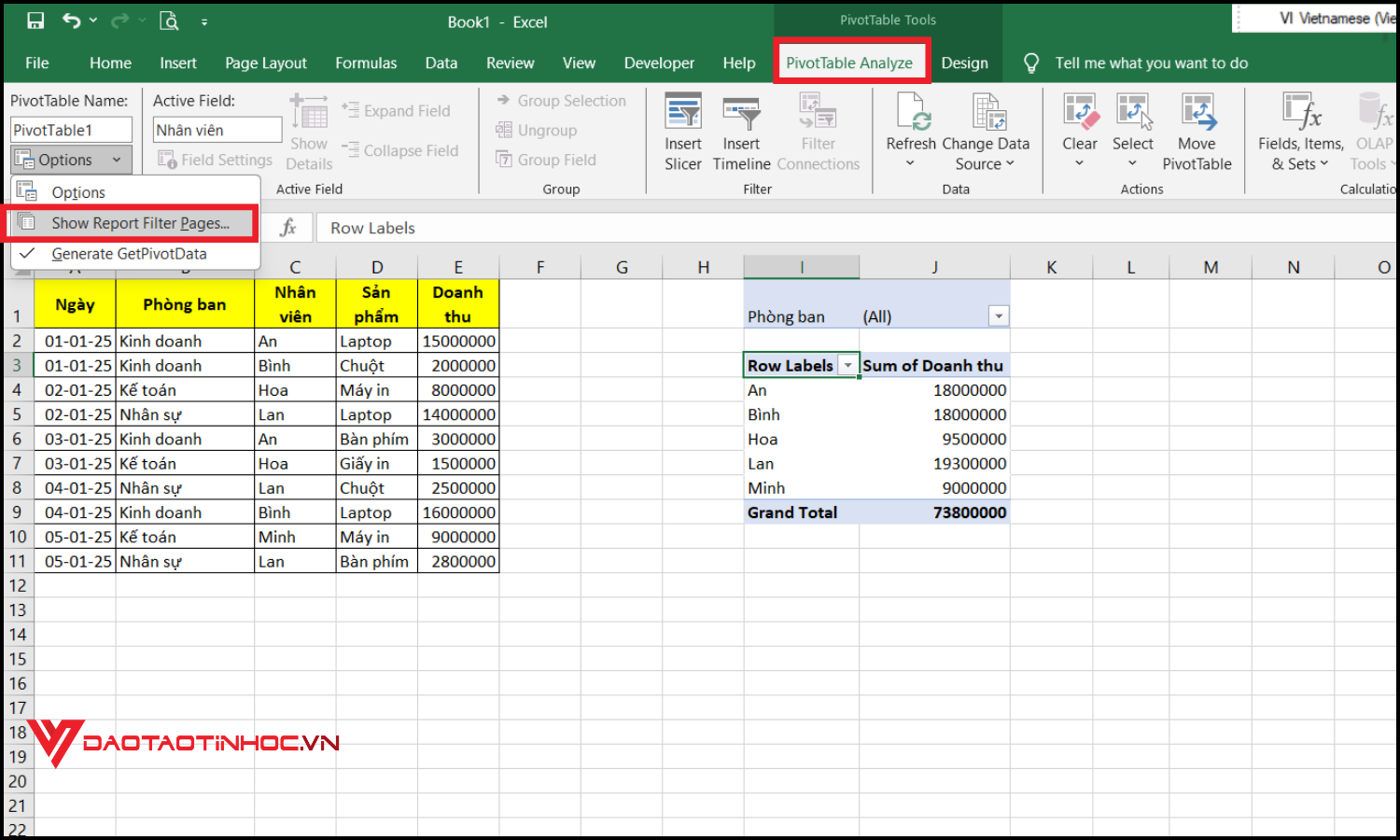 Tách bảng thống kê Pivot Table ra từng Sheets tự động 4 bước